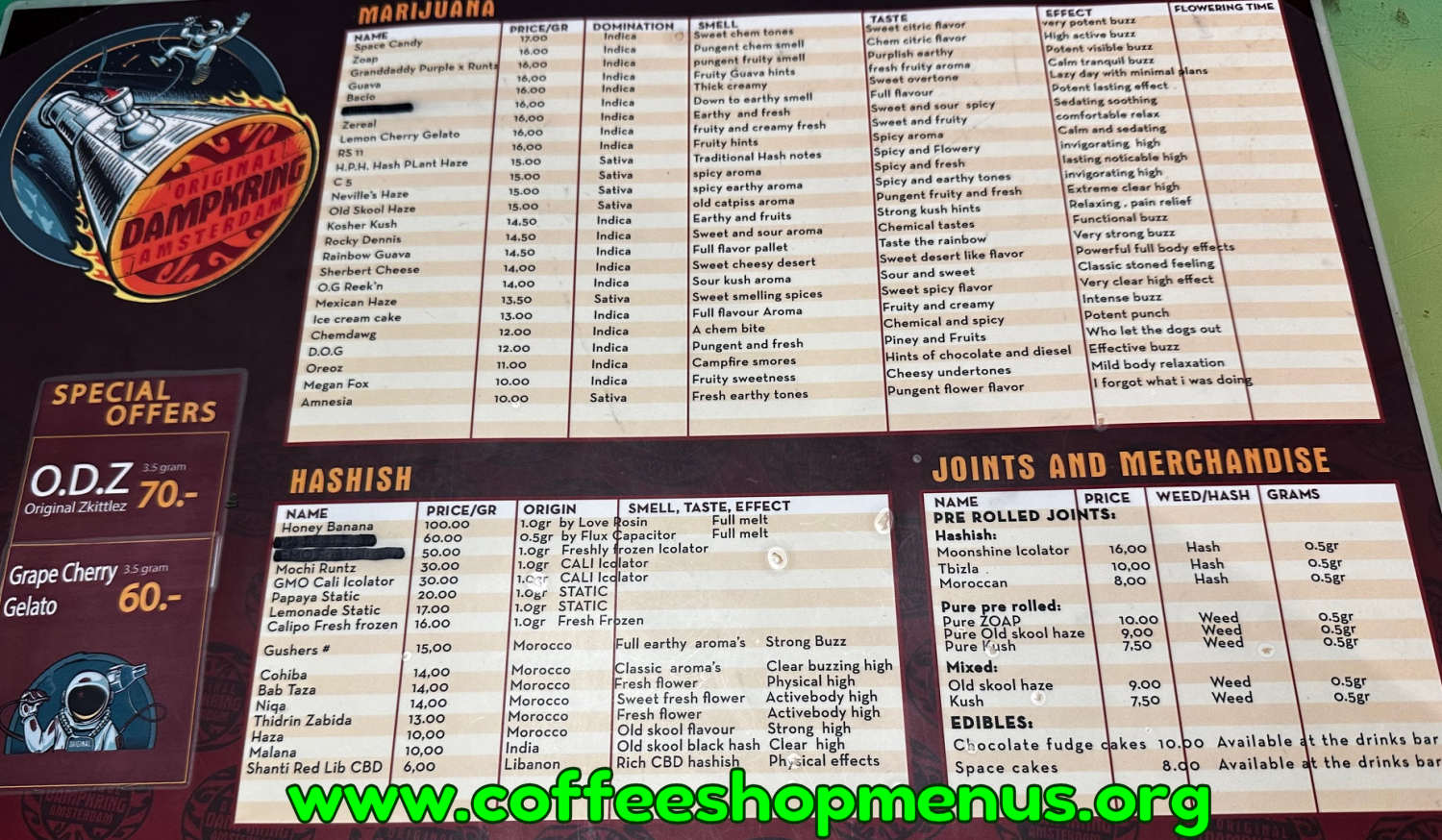 Dampkring Menus archive - coffeeshopmenus.org